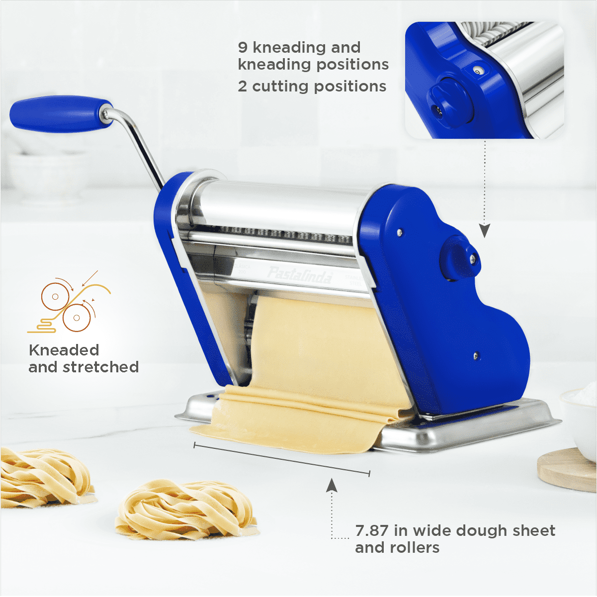 Pastalinda Classic 200 Blue Pasta Maker Machine With Hand Crank And Two ...