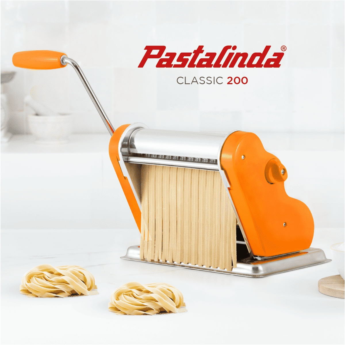 Classic 200 Orange Pasta Maker Machine With Hand Crank And Two Clamps ...